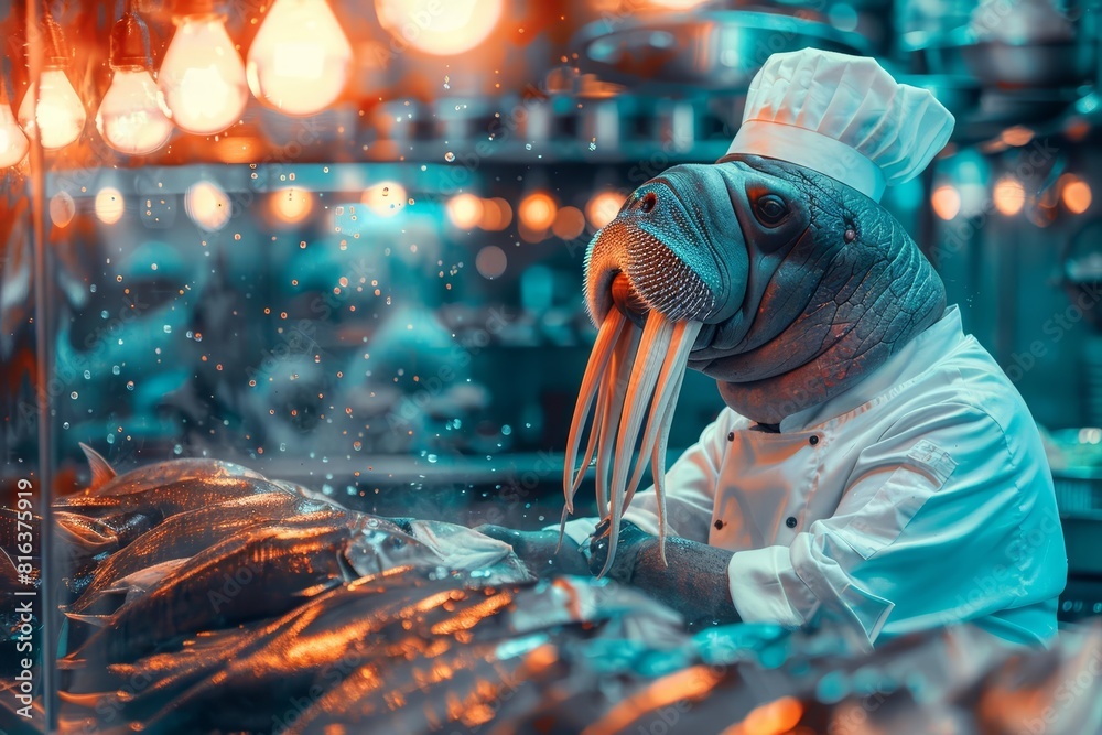 Amazing closeup charismatic of a walrus in a chefs hat, expertly ...