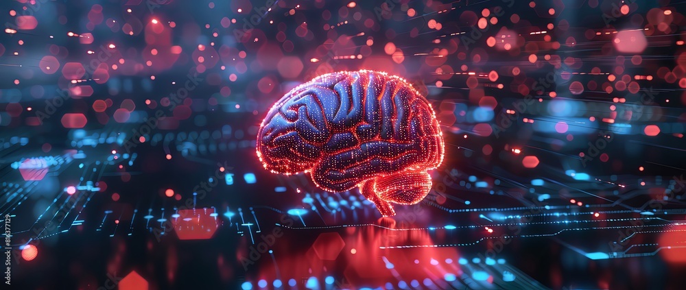 3D rendering of the human brain made from a circuit board, surrounded in the style of glowing ...