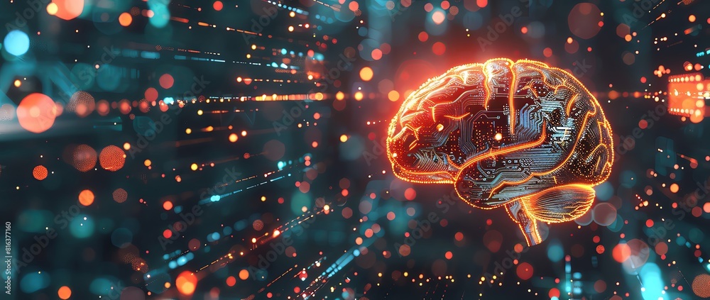 3D rendering of the human brain made from a circuit board, surrounded ...