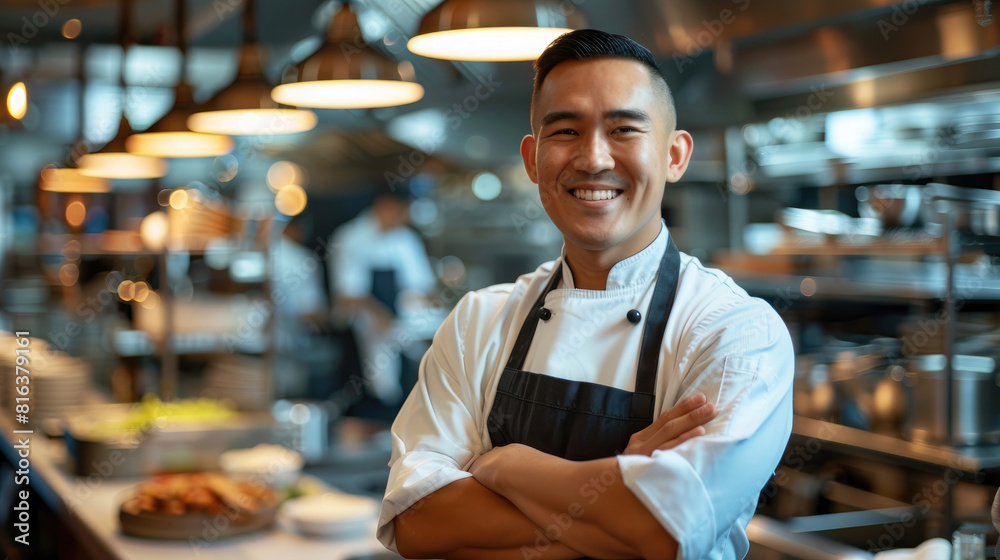 Confident male chef wearing professional attire with folded hands ...