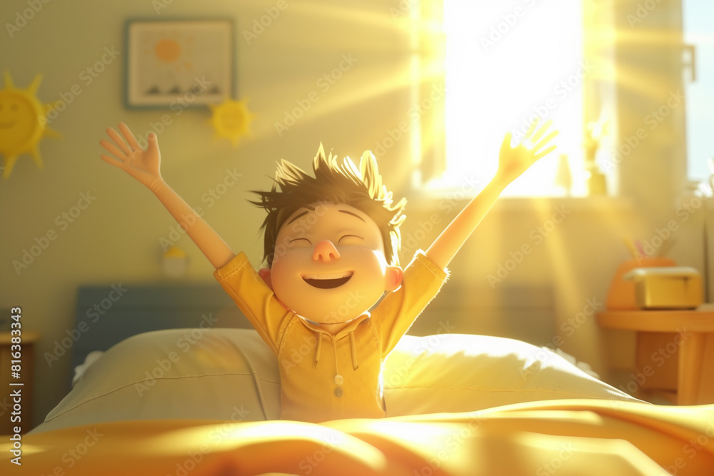 Cartoon boy wake up and stretch Lazily at morning in bed and window ...