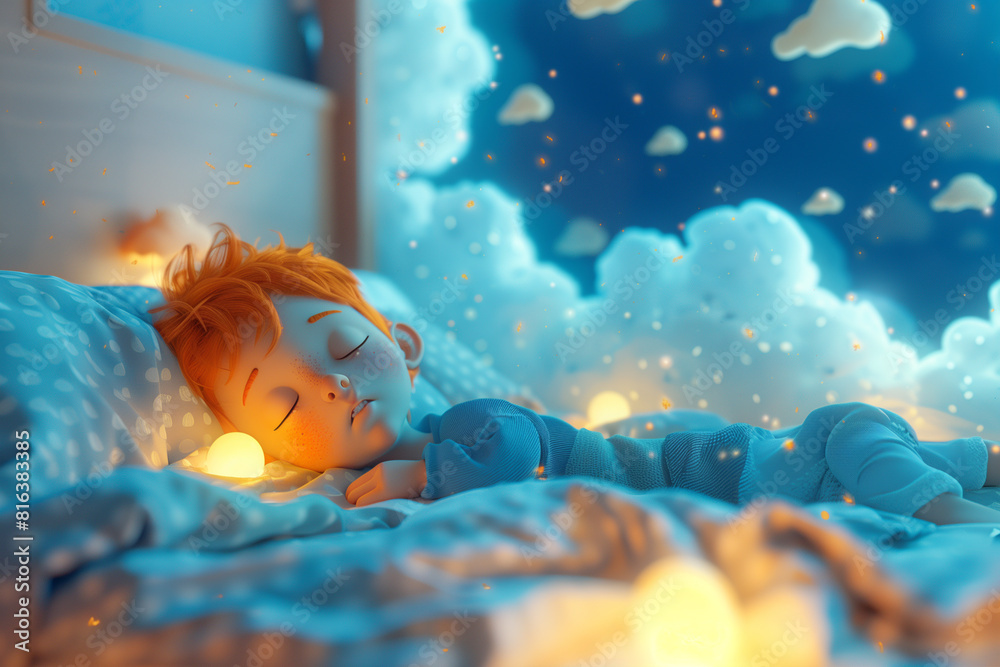Cartoon boy sleeping on the bed in a cozy comfortable bedroom. Resting ...