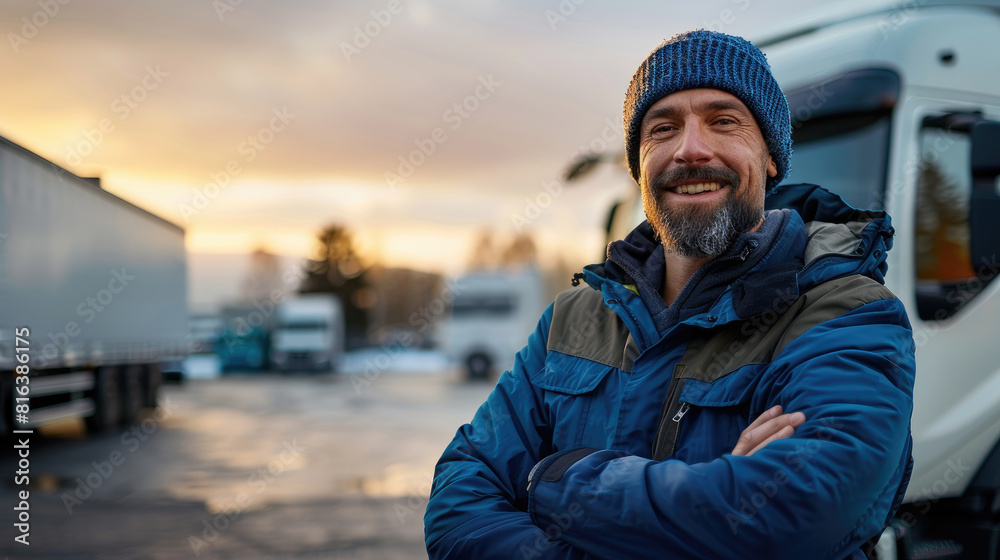 Happy male driver in blue uniform standing proudly in front of his big ...