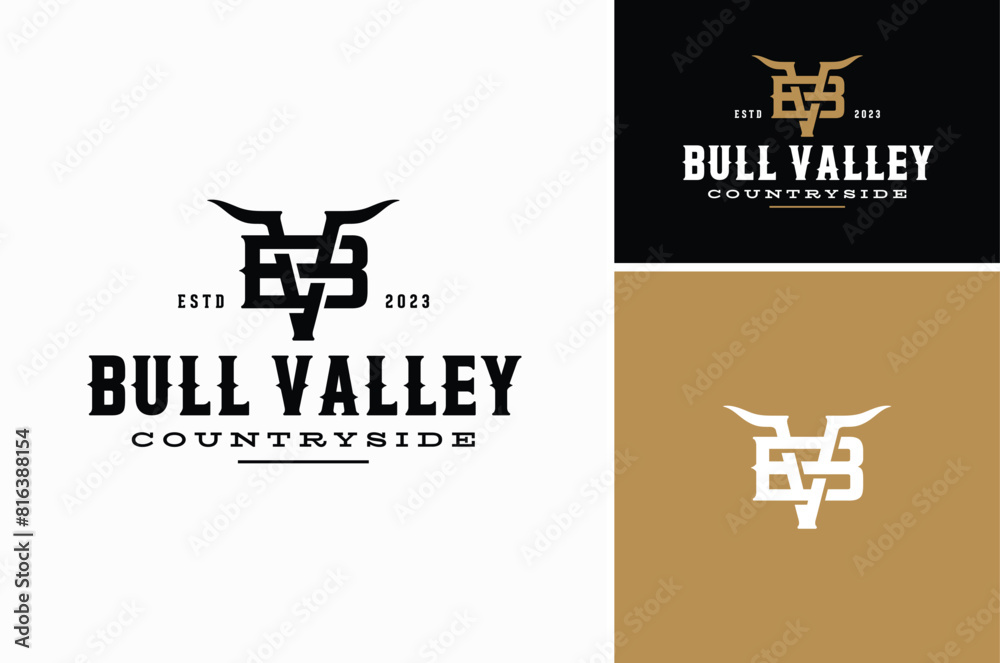 Initial Letter V and B or VB BV Monogram with Longhorn Bull Cow Horns ...