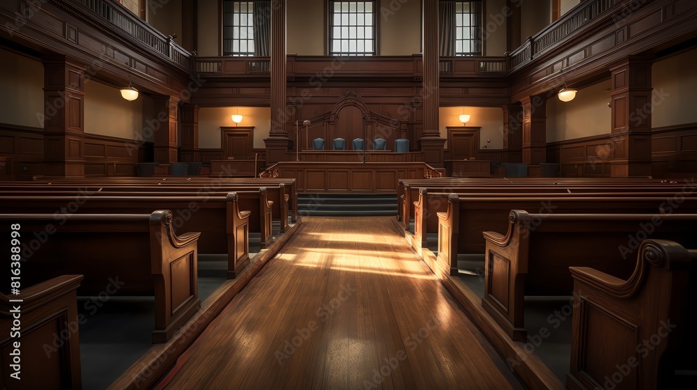 The interior of a vintage courtroom with a judge's bench, jury box, and ...