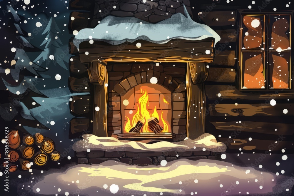 Cartoon cute doodles of a cozy fireplace glowing warmly inside a cabin ...
