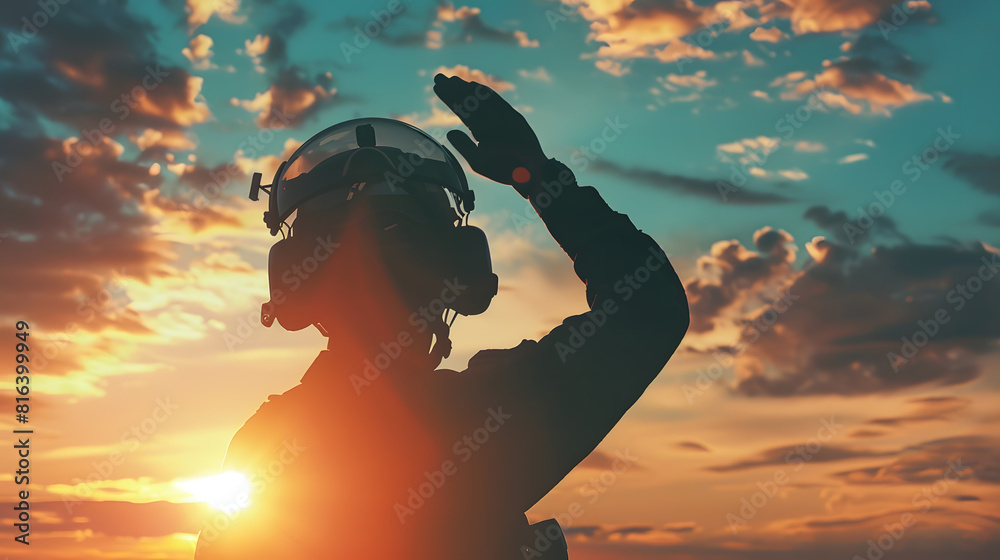 Silhouette of soldier in combat helmet and ammunition saluting on ...