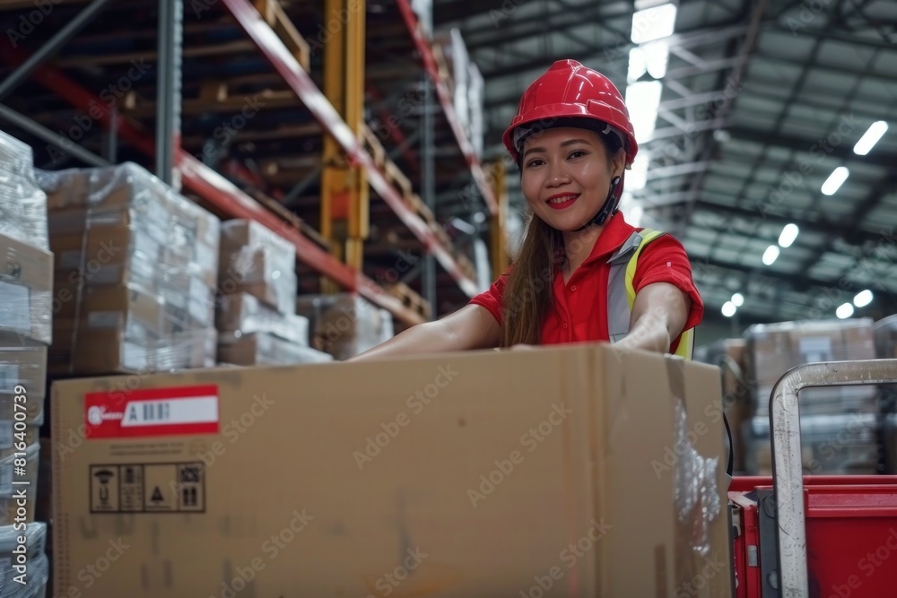 an attractive Asian logistics warehouse staff girl wearing red safety ...