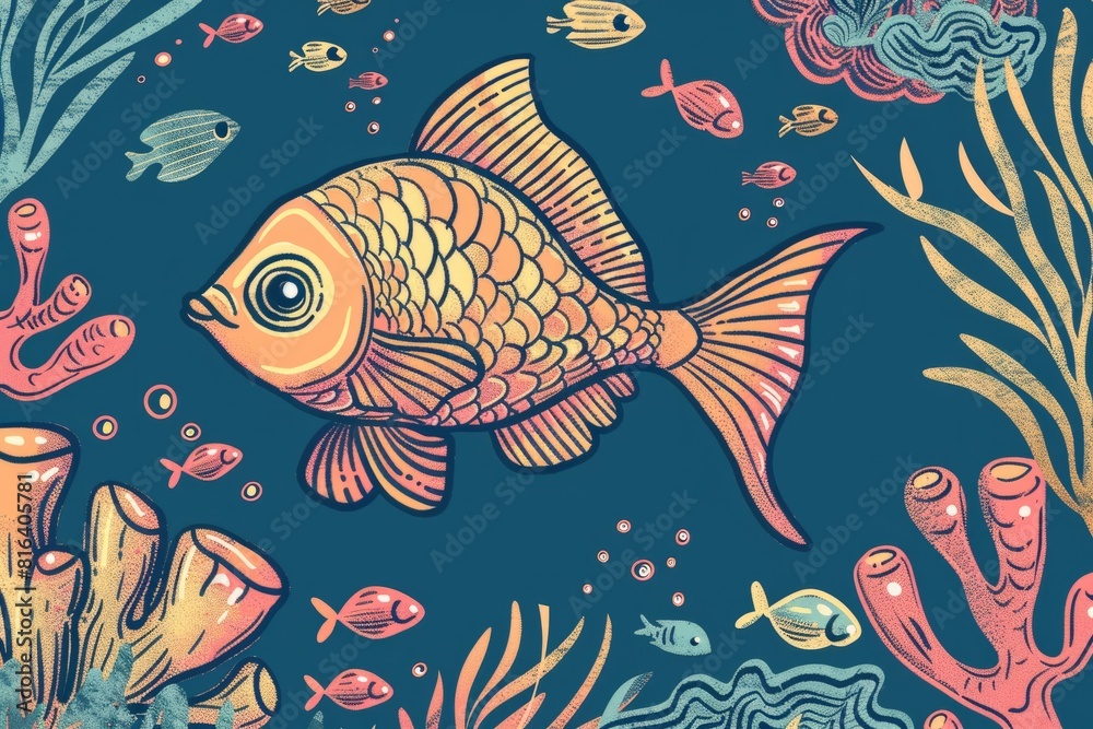 Cartoon cute doodles of a clumsy fish swimming in circles and bumping ...