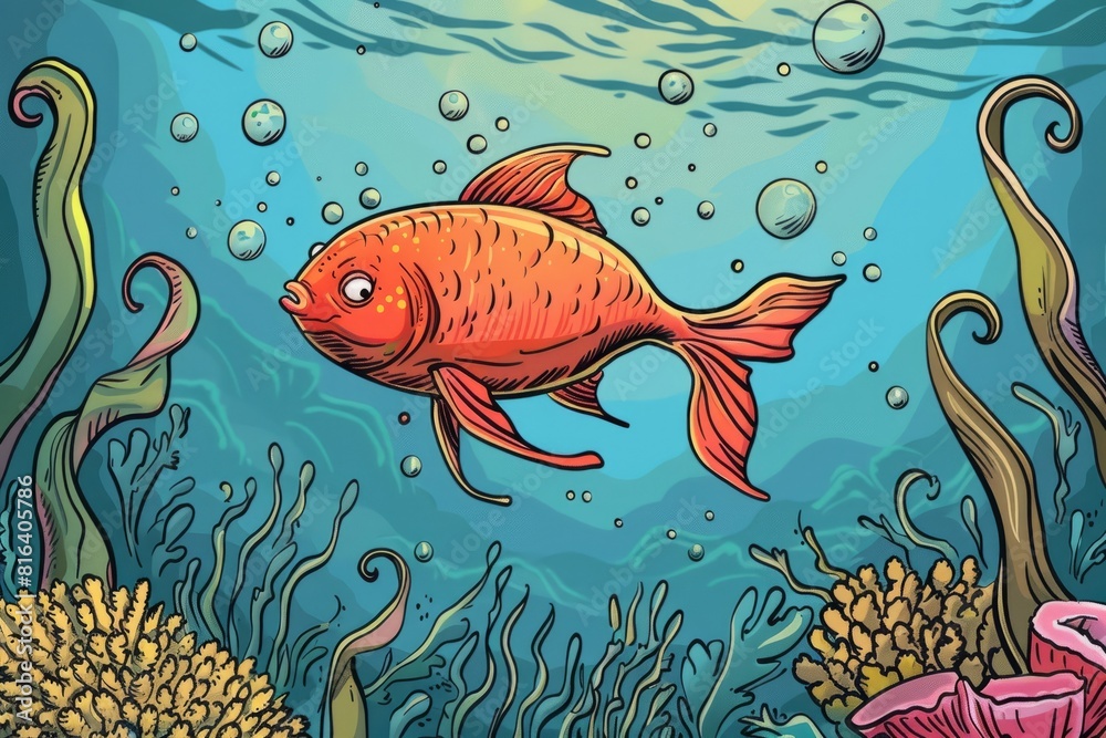 Cartoon cute doodles of a clumsy fish swimming in circles and bumping ...