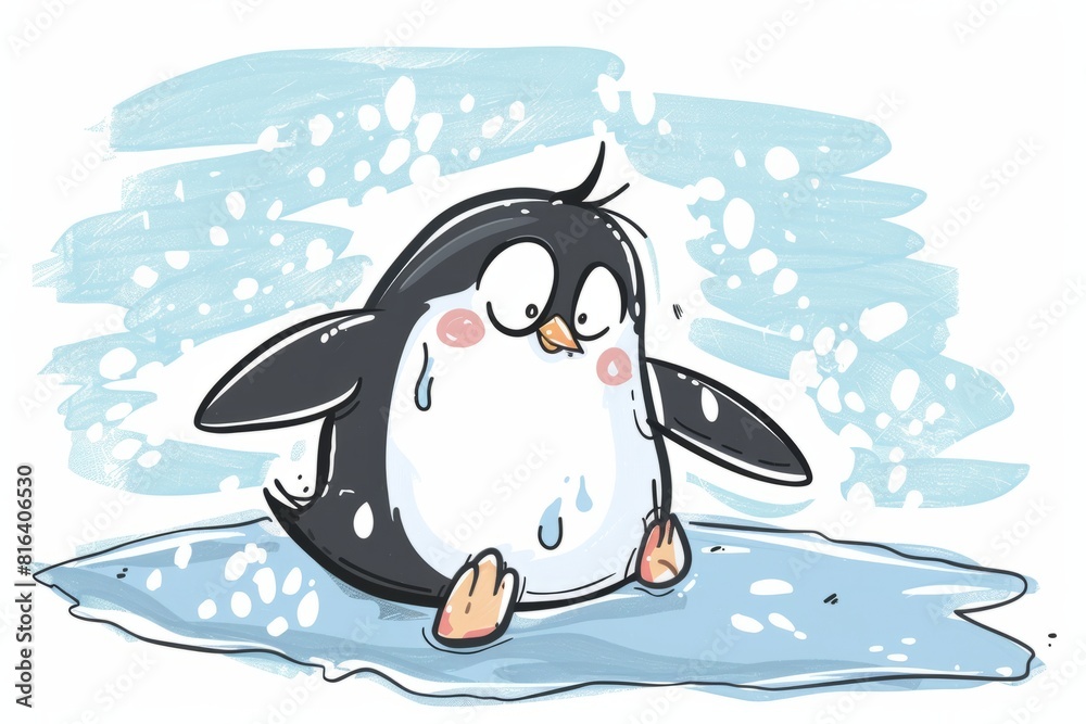 Cartoon cute doodles of a clumsy penguin slipping on an icy patch ...