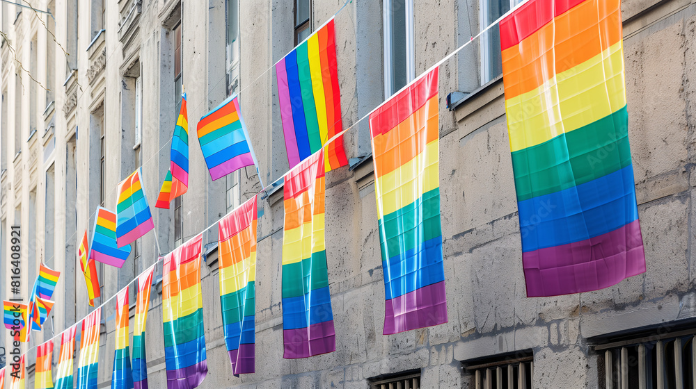 Pride rainbow flags are hanging on classic building style background ...