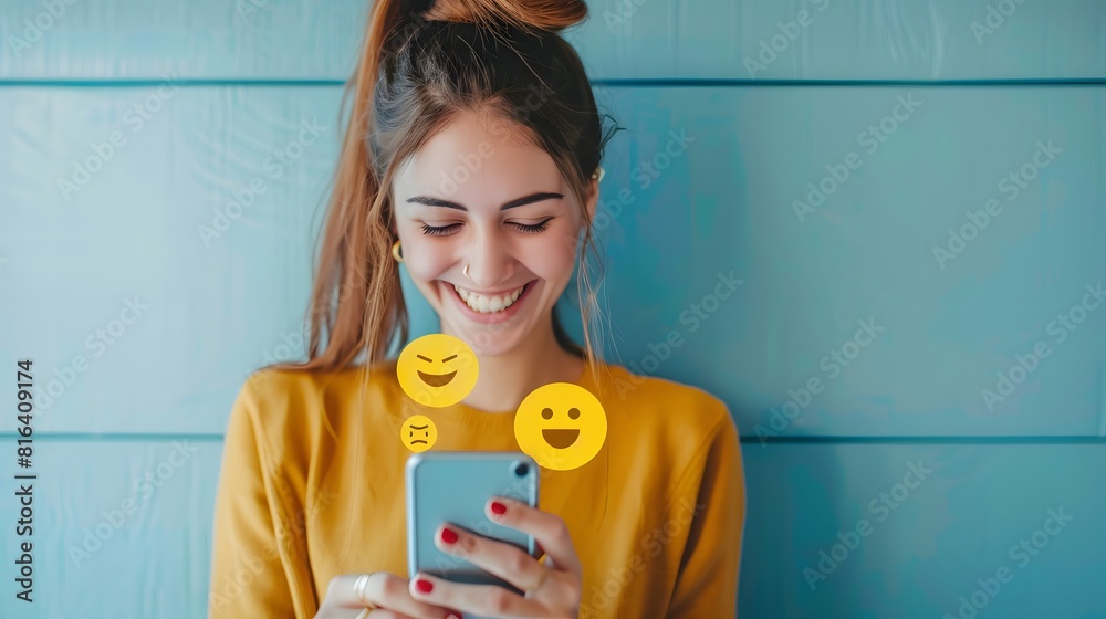 A beautiful young woman blogger, vlogger or influencer is receiving ...