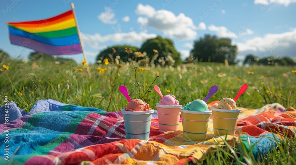A picnic scene with a checkered blanket spread on the grass. Several ...