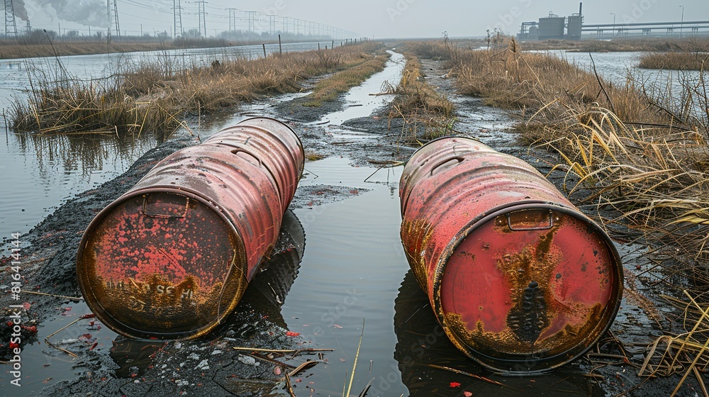 Contaminants, A photograph of industrial waste barrels leaking into a ...