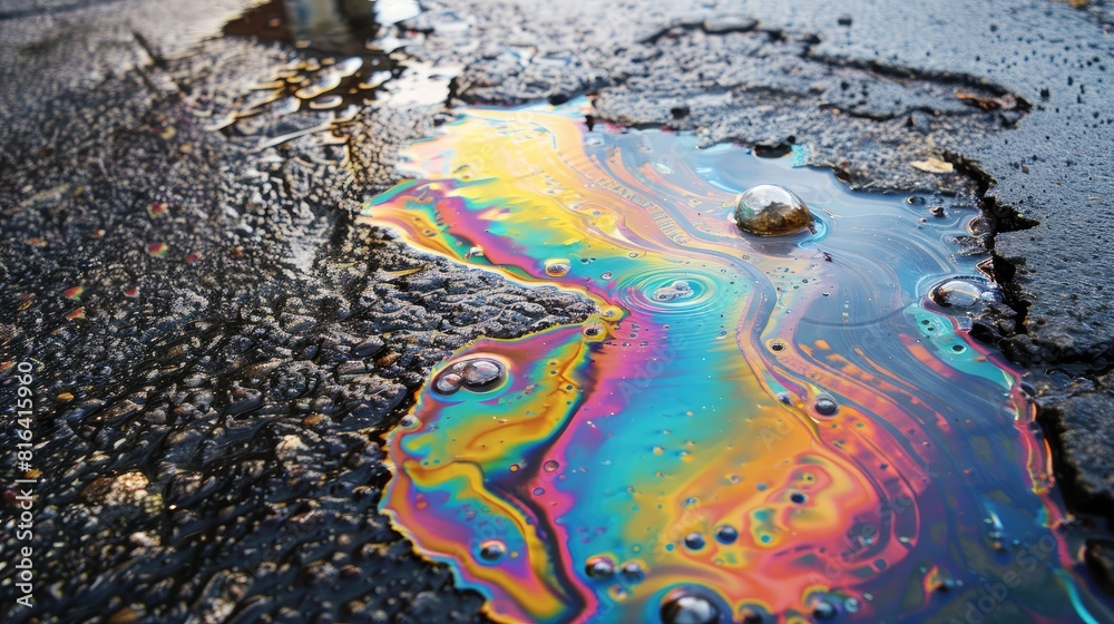 Gasoline spilt on a damp parking area forms a colorful oil sheen Stock ...