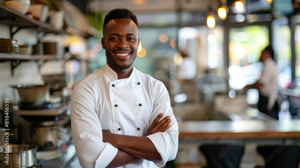 Professional African American male chef wearing chef's white shirt ...