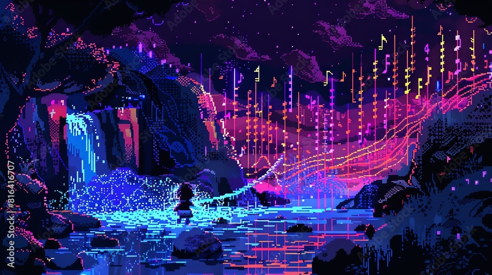 The image is a pixelated landscape with a starry night sky, mountains ...