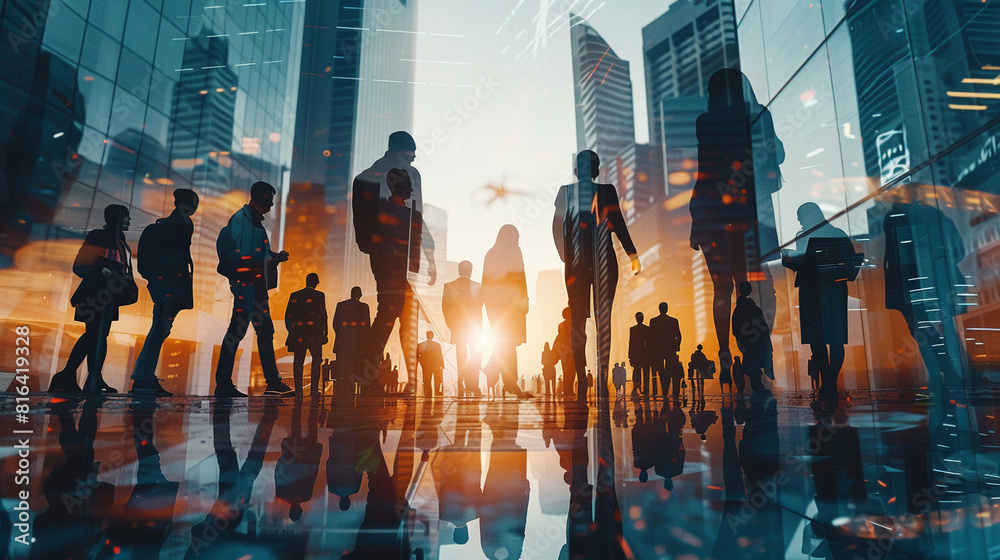 Double exposure image of many business people teamg group silhouette ...
