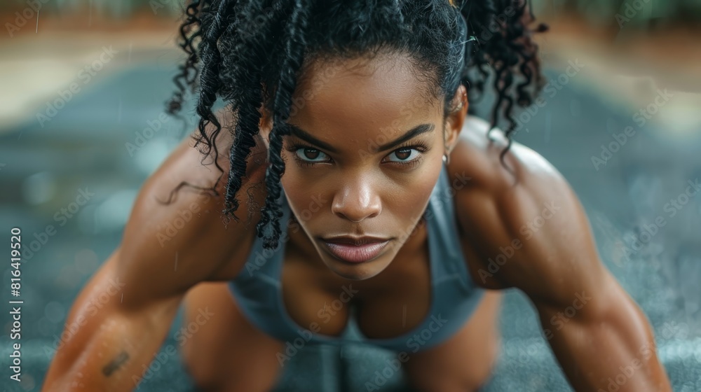 A strong and determined woman is doing push-ups. She is sweating and ...