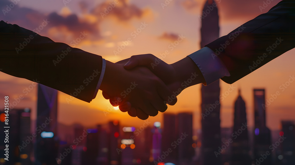 Business people handshake and city silhouette for partnership outdoor ...