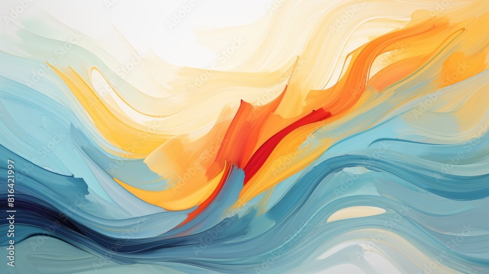 The image is an abstract painting with a blue and orange color scheme ...