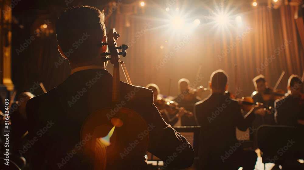 Back View Cinematic shot of Conductor Directing Symphony Orchestra with ...