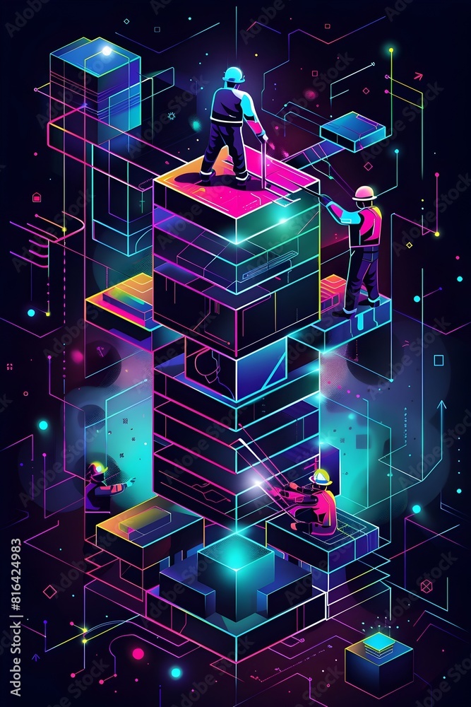 Neon Hued Workers Laying the Foundation for a New Digital Adventure ...