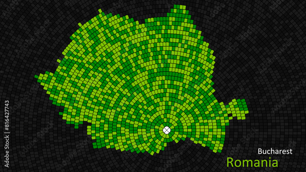 A map of Romania is presented as a mosaic with a dark background, and ...