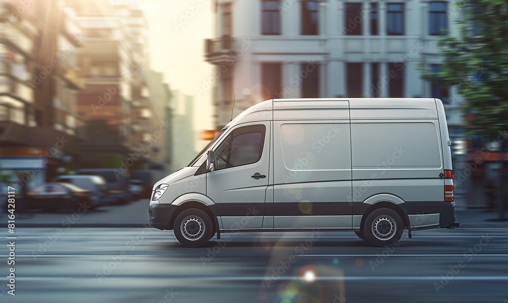 a white van drives down a city street lined with tall buildings and a ...