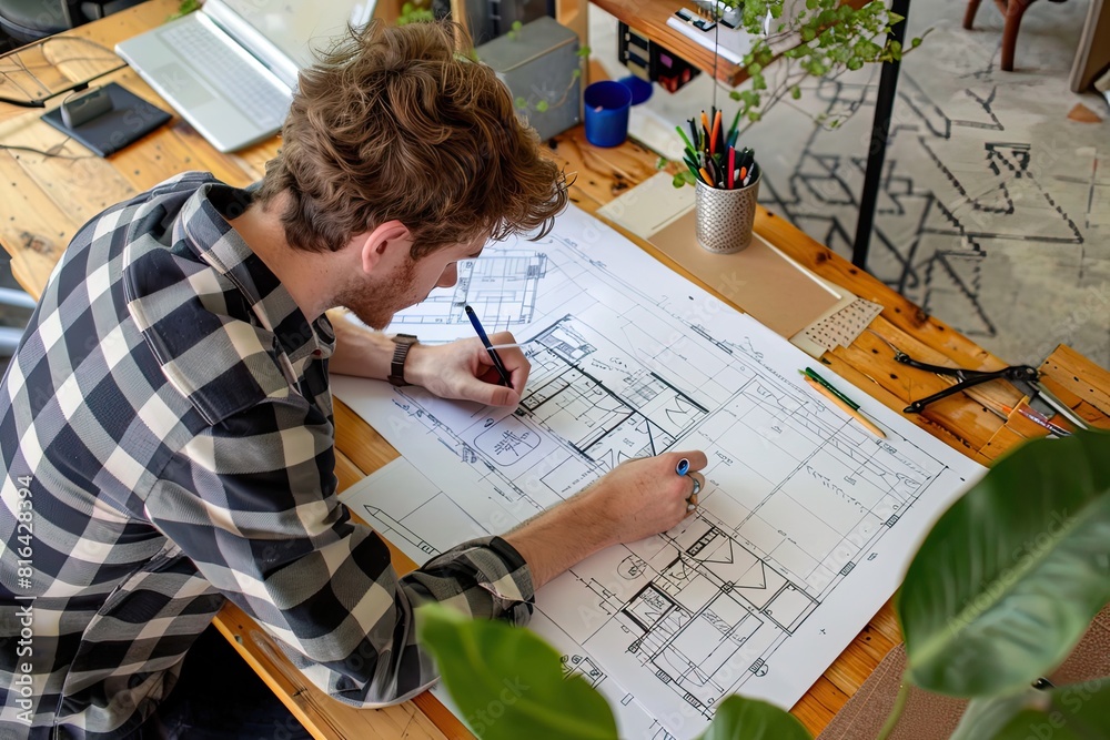 An architect is drafting blueprints at a table in a clean and efficient ...