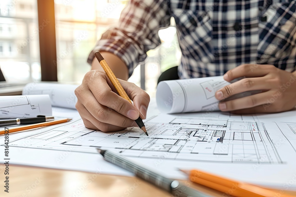 An architect is drafting blueprints at a table in a clean and efficient ...