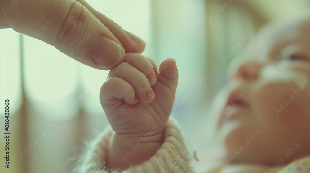 new born baby hand hold mum index finger concept Premature or preterm ...