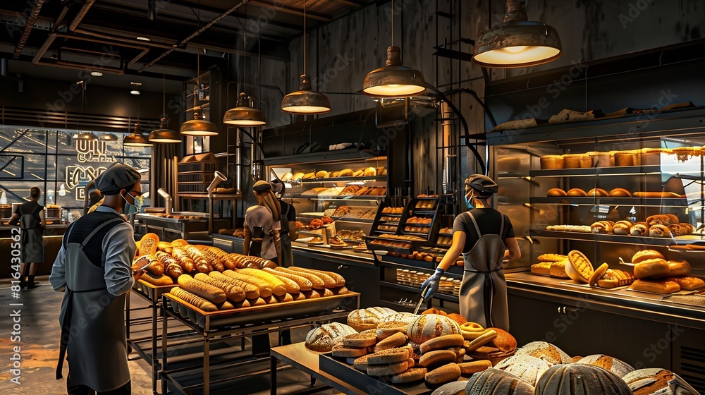 Rear view of a bakery with sales clerks selling bread to customers and ...