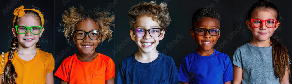 multiethnic, cute children wearing different color and glasses smiling ...