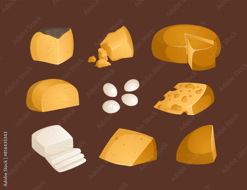 Collection of different types of cheeses on a brown background. Vector ...