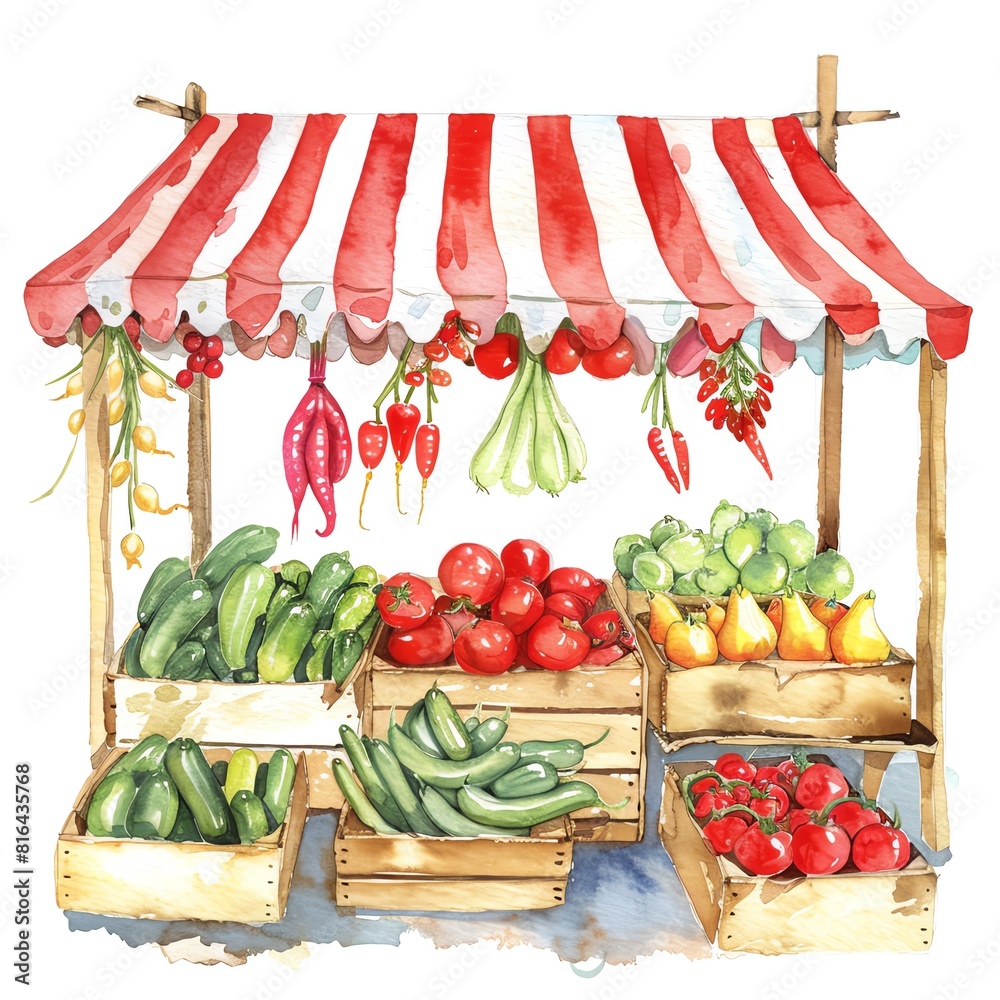 A watercolor painting of a farmer's market stall. The wooden crates are ...