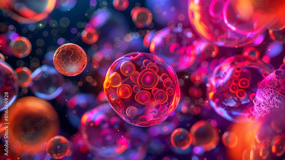 Detailed cellular structures in close-up, highlighting vibrant nuclei ...