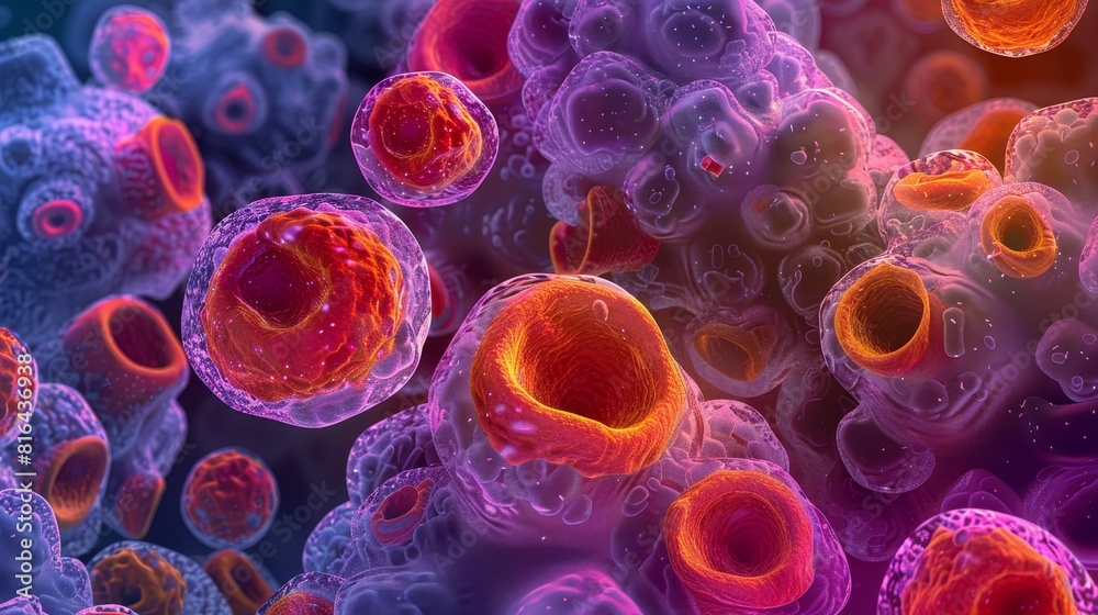 Detailed cellular structures in close-up, highlighting vibrant nuclei ...
