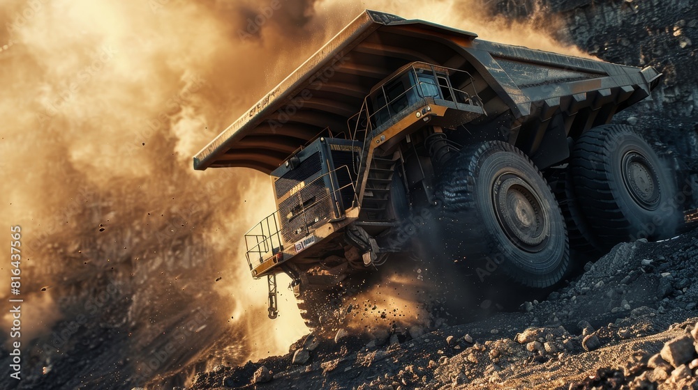 Close view of a large mining truck operating in an open pit, focusing ...