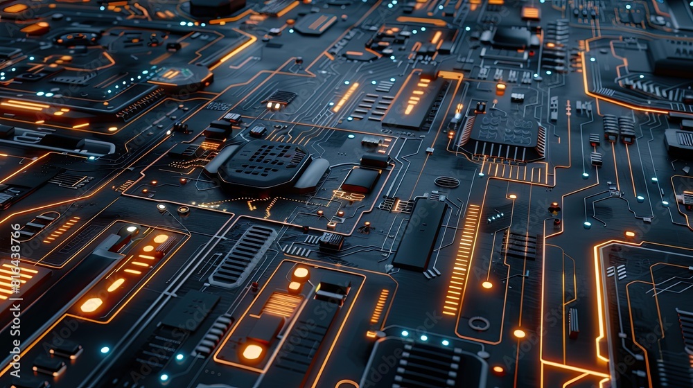 Detailed circuit board pattern with high-tech elements and illuminated ...