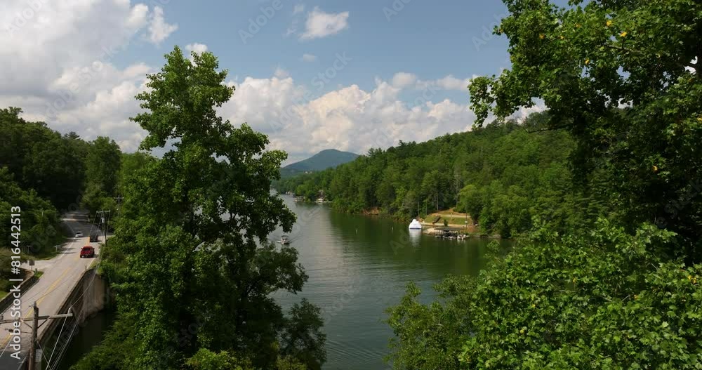 Travel destination spot in Appalachian mountains. Lake Lure, small town ...