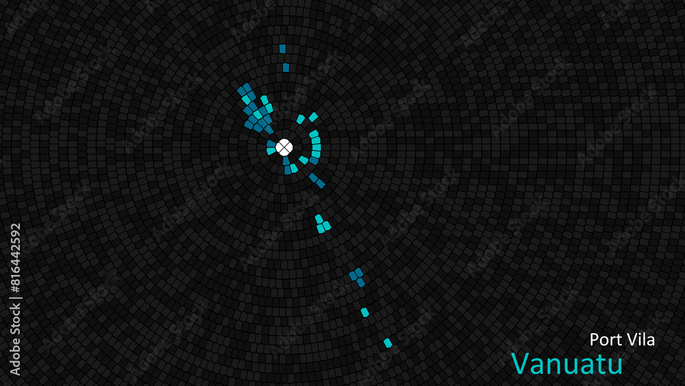 A map of Vanuatu is presented as a mosaic with a dark background, and ...