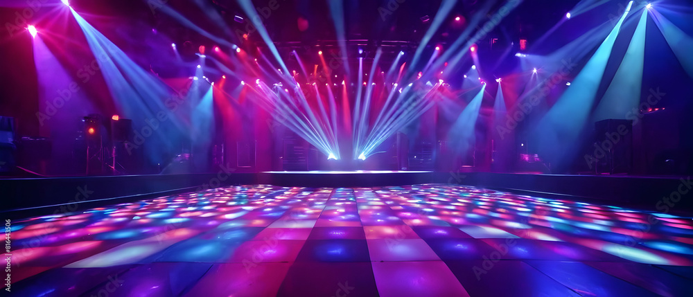 Empty dance club stage under colorful spotlights and disco balls, retro ...
