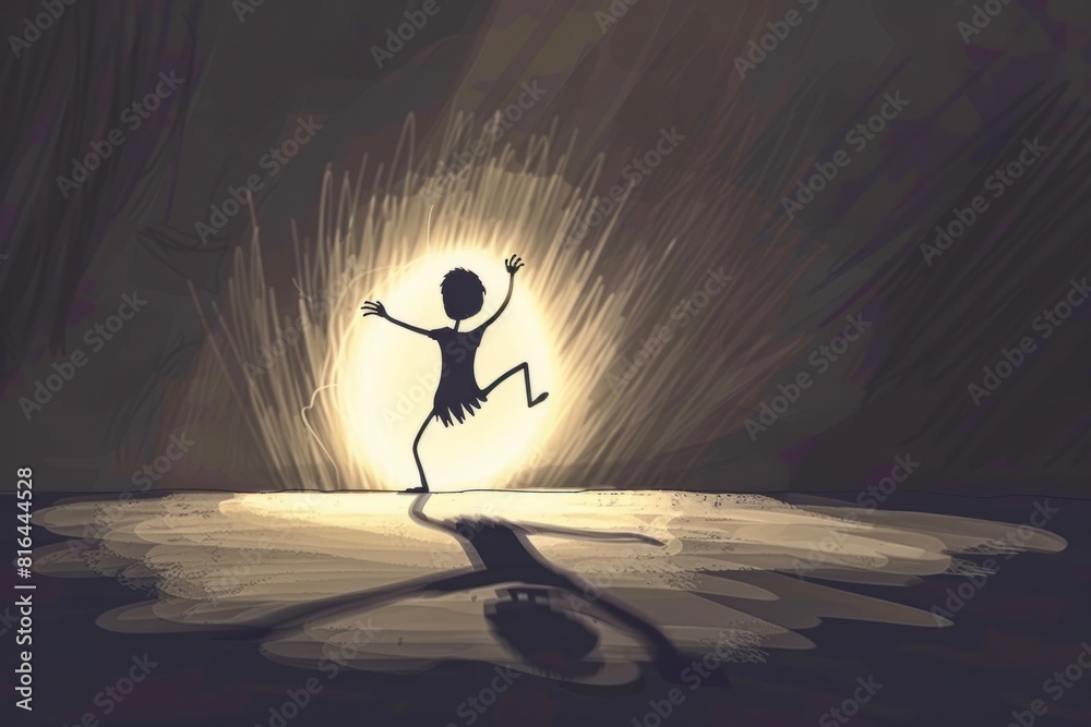 Cartoon cute doodles of a jubilant shadow dancing under a solemn beam ...