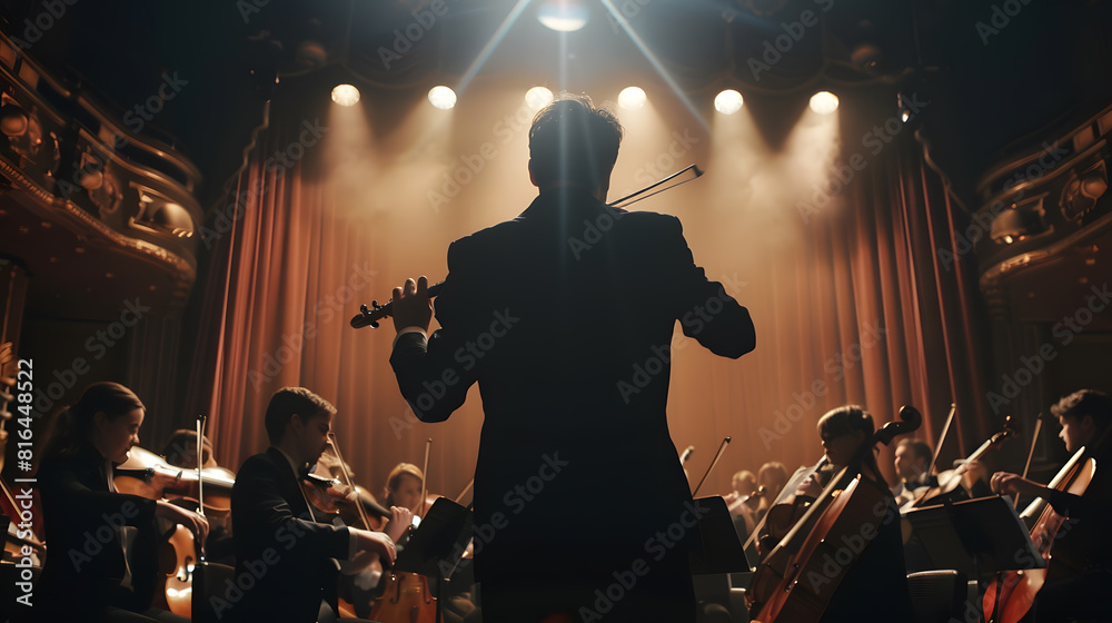 Back View Cinematic shot of Conductor Directing Symphony Orchestra with ...