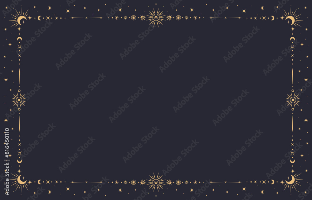 Fantasy mystic celestial frame. Vector background with golden border ...