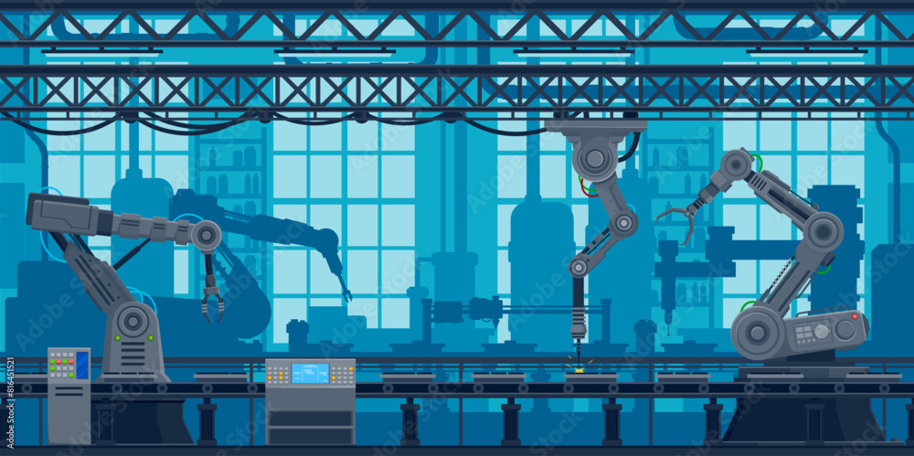 Automatic factory computer conveyor line with robots, machinery ...