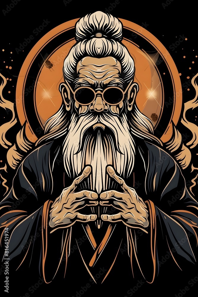 Wise Old Man with Flowing Beard and Robe Depicted as Japanese Sage with ...