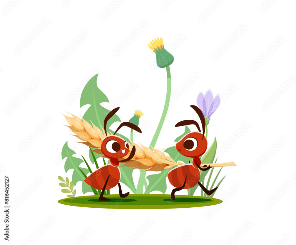 Cartoon ants carry wheat ear for food in meadow grass, vector funny ...